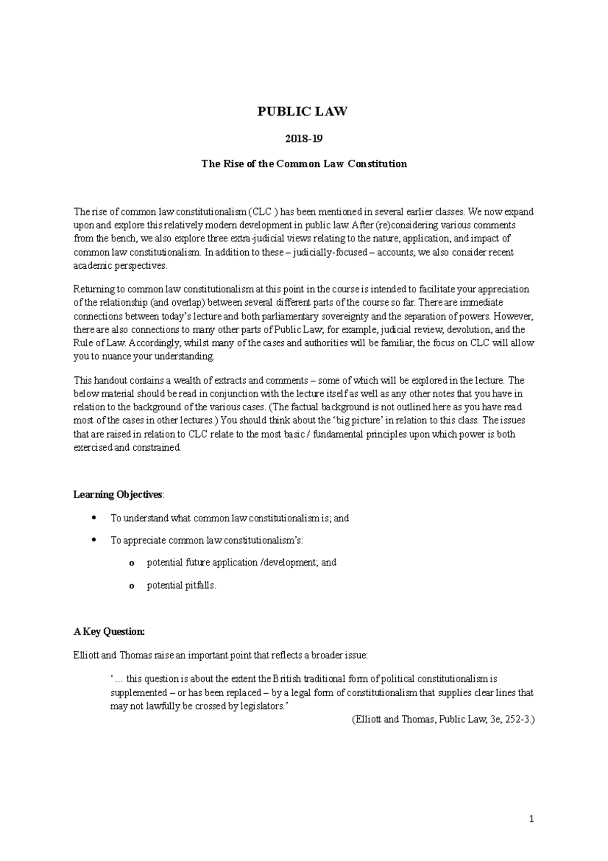 Common Law Constitution Notes - PUBLIC LAW 2018-19 The Rise of the ...