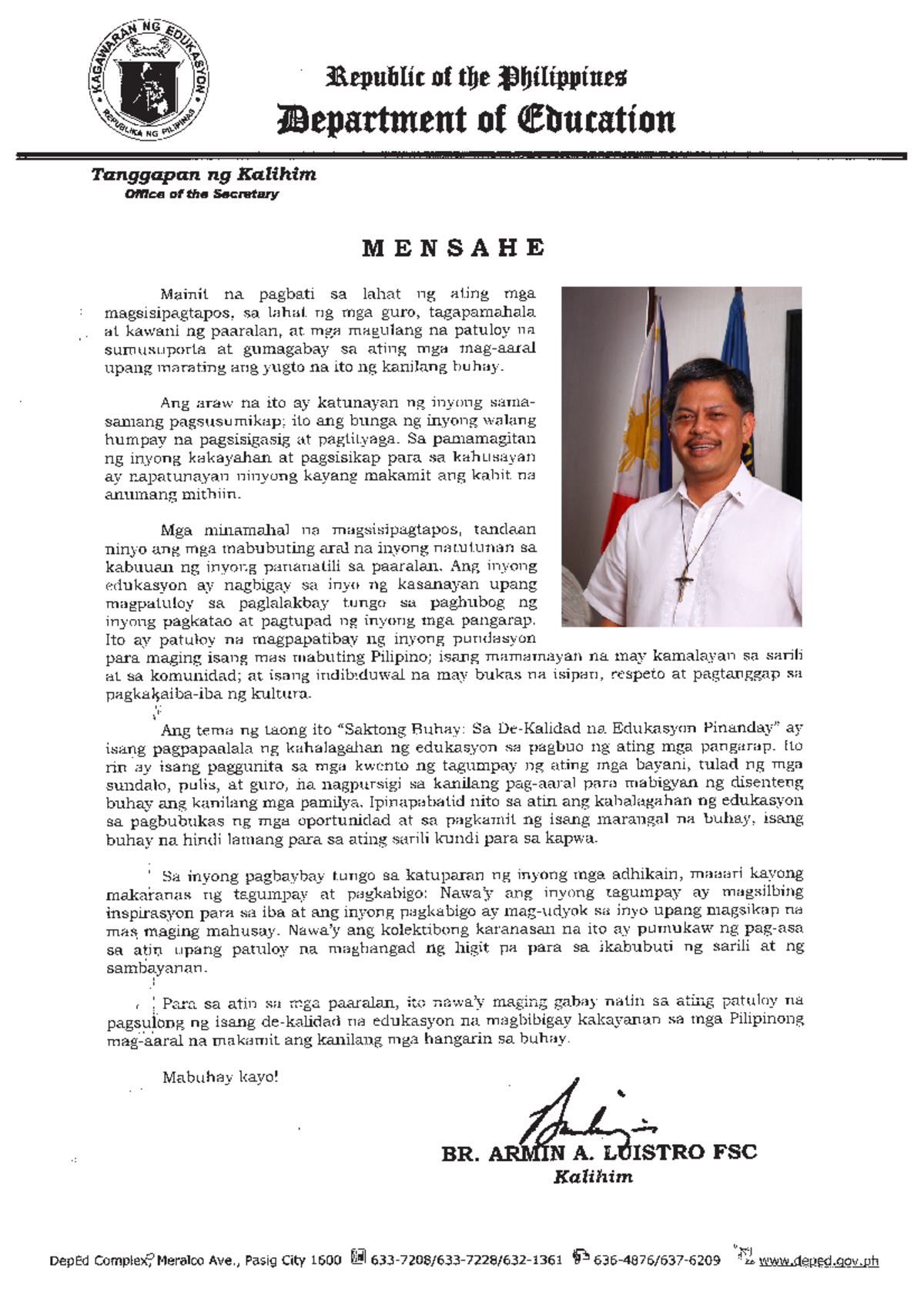 2015 Graduation Message Filipino - english 9 - Studocu