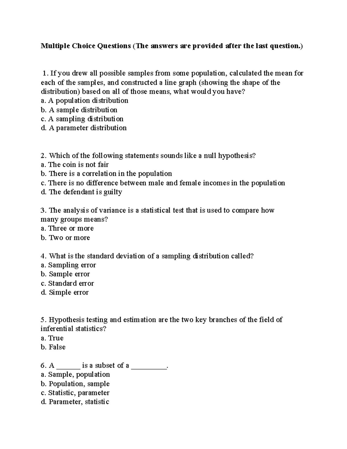 Statistics Questions (2) TEST - Multiple Choice Questions (The answers ...