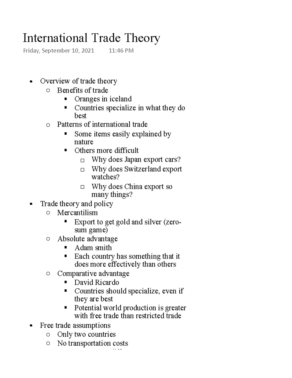 International Trade Theory - Overview of trade theory Benefits of trade ...