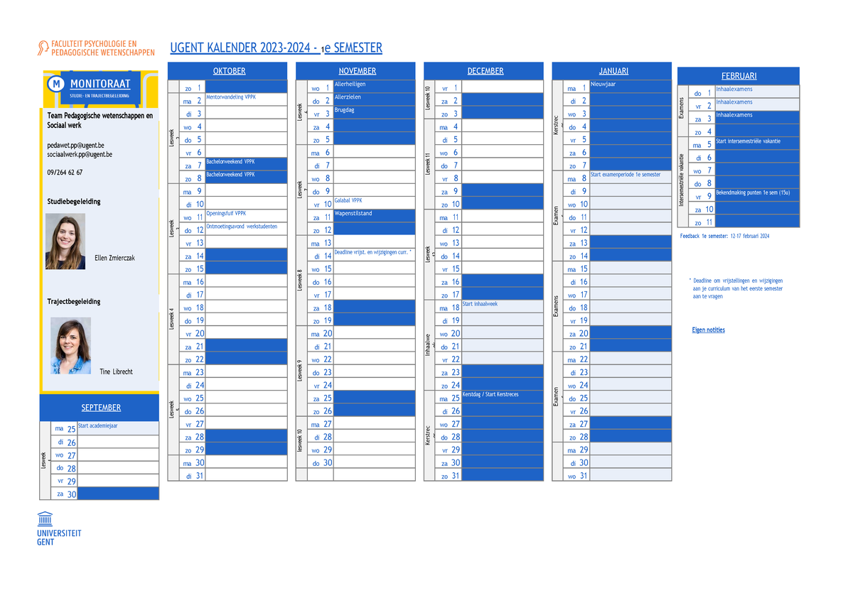 Semesterkalender peda 23 - UGENT KALENDER 2023-2024 - 1 e SEMESTER ...