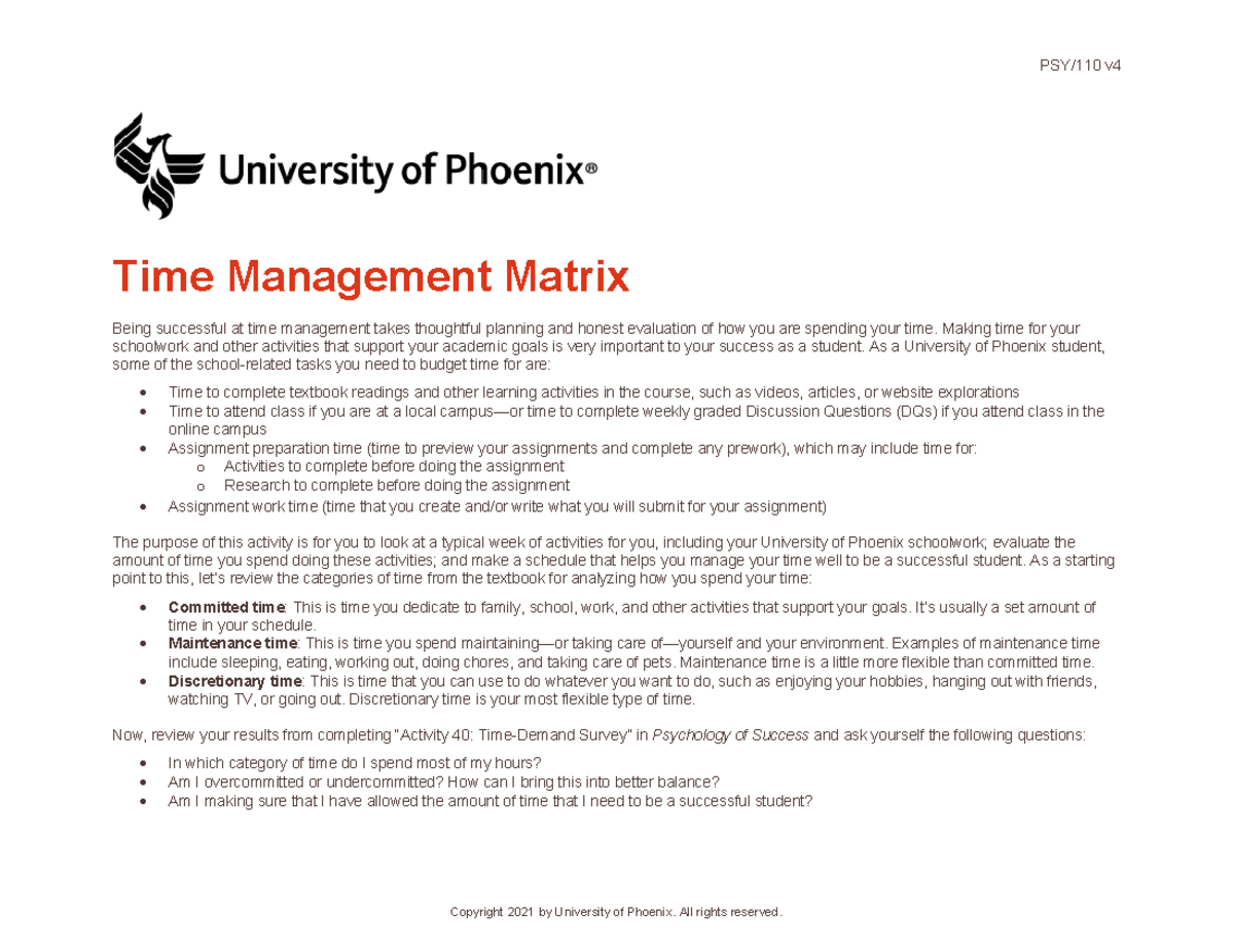 Eric+Purnell+-+psy110 v4 wk2 time management matrix - PSY/110 v Time ...