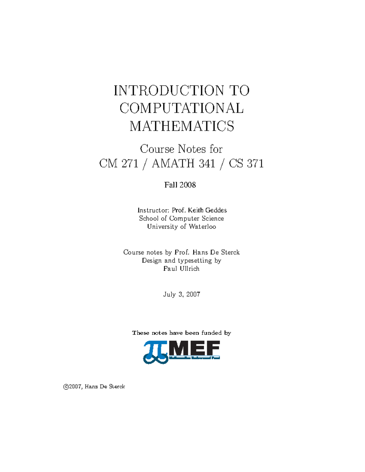 CS371 course notes - couse note - INTRODUCTION TO COMPUTATIONAL ...