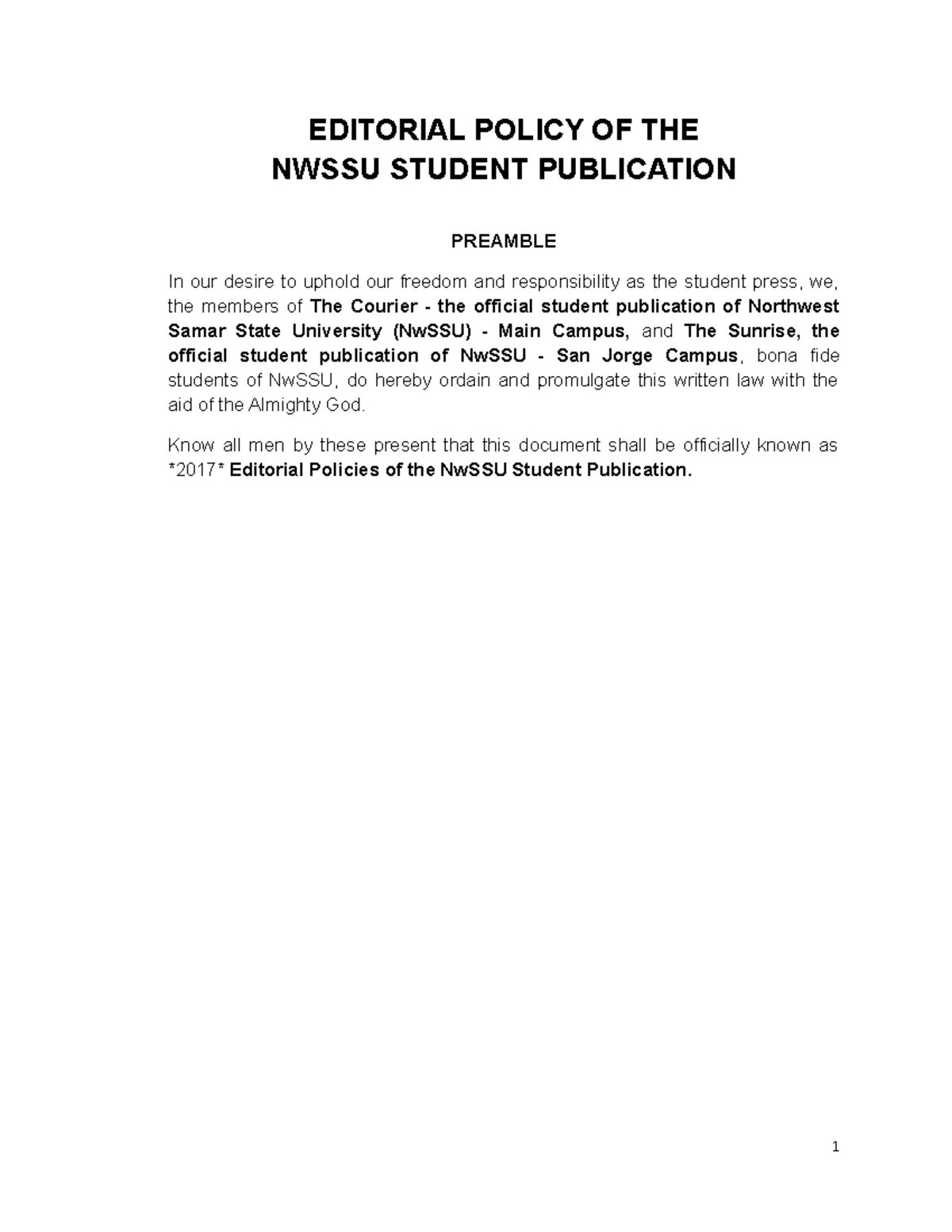 2017 Editorial Policy OF Nwssu Student Publication - EDITORIAL POLICY ...