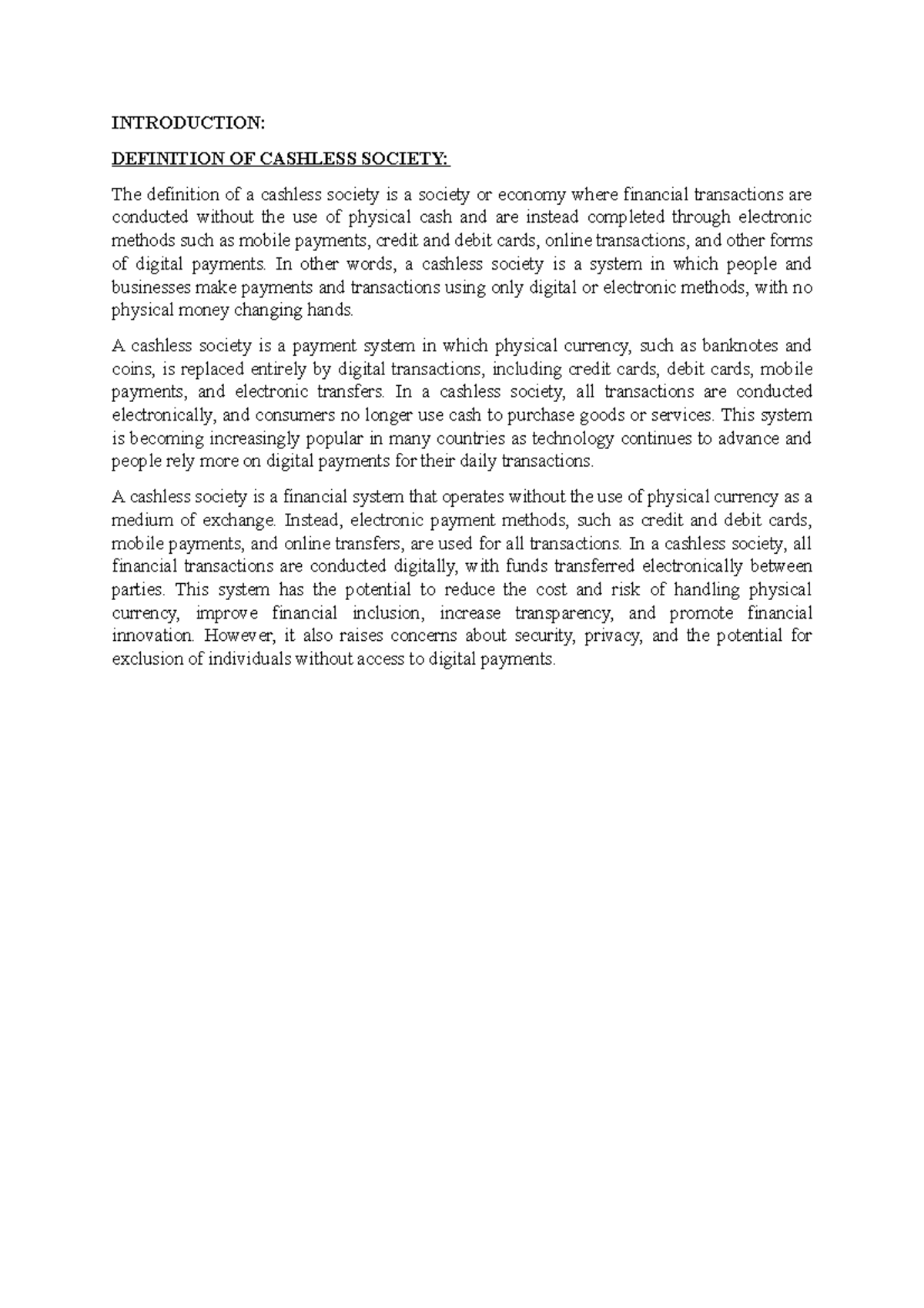 Black BOOK Project 39 - INTRODUCTION: DEFINITION OF CASHLESS SOCIETY ...