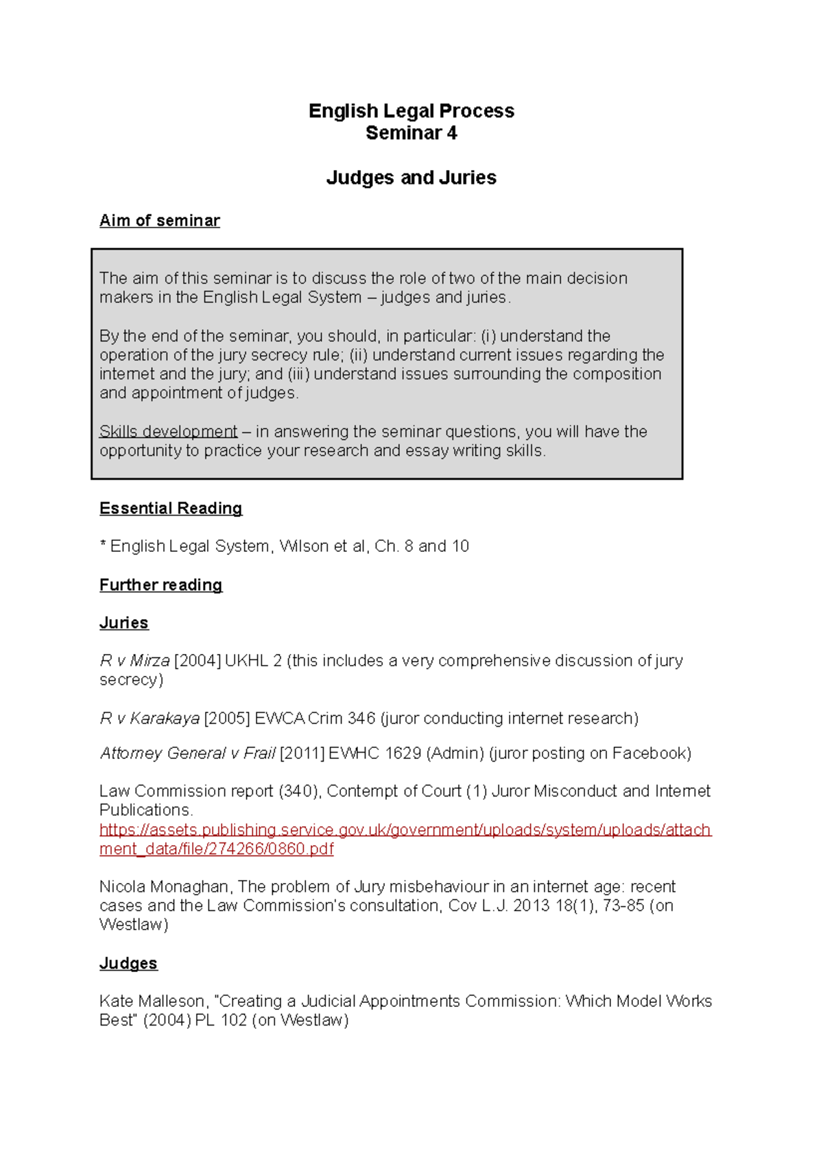 English Legal Process, Seminar 4: Judges and Juries - English Legal ...