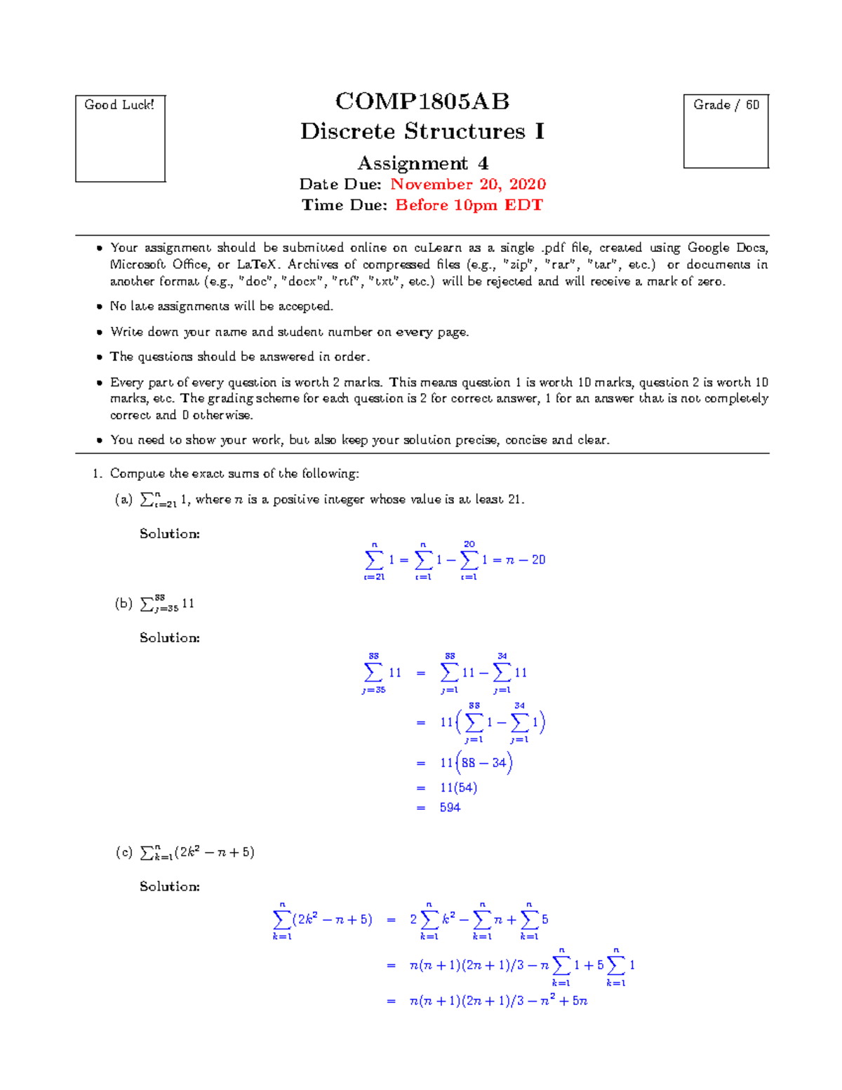 A4F20-solution - assignment 4 solutions - Good Luck! COMP1805AB Discrete Structures I Assignment ...