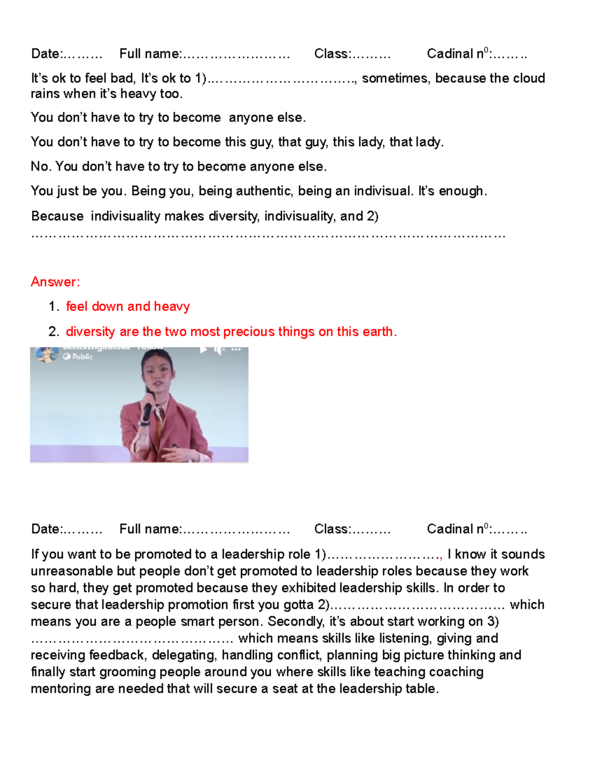 Listening - Hope you guys have a nice day!!! - Date:......... Full name