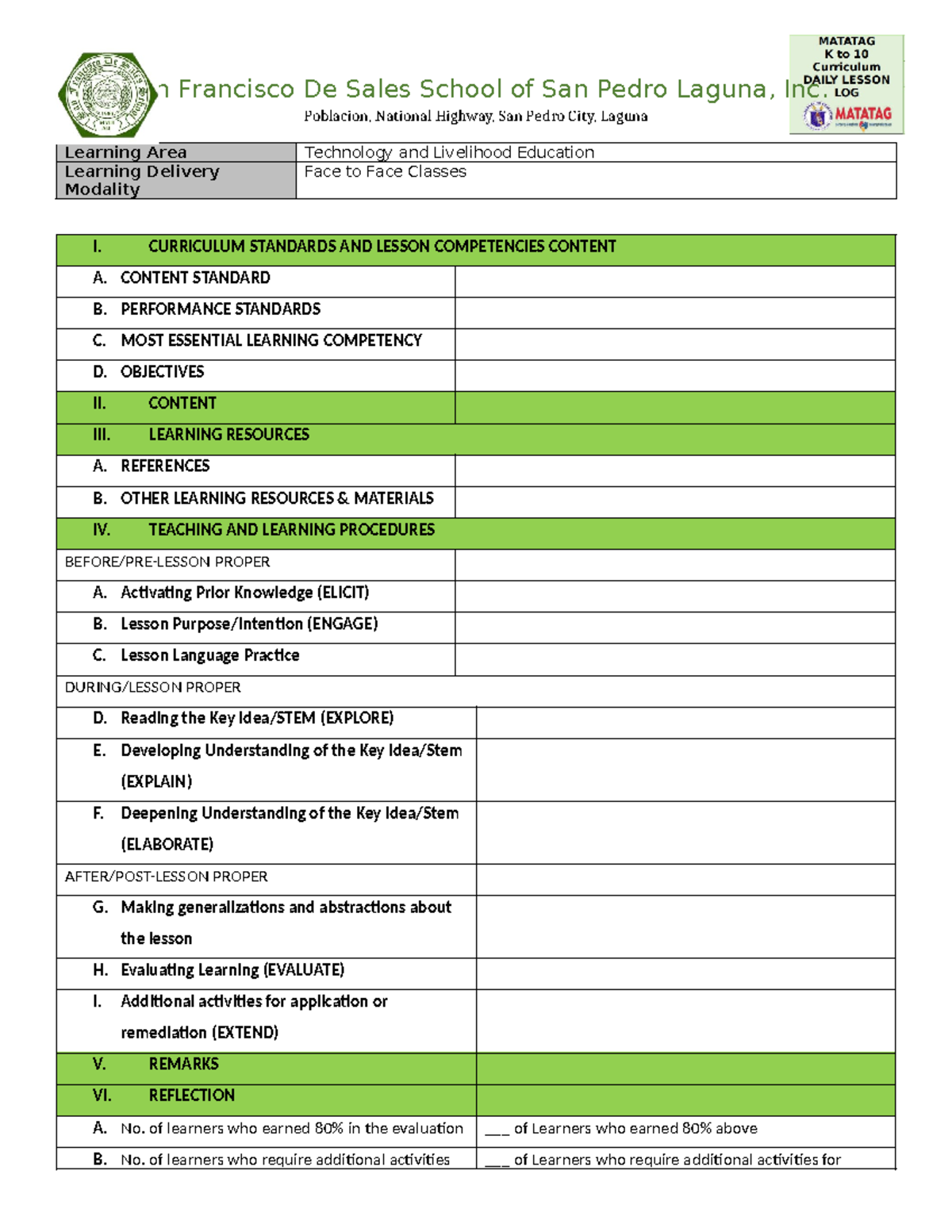Format Matatag LP - Educational purpose only - San Francisco De Sales ...