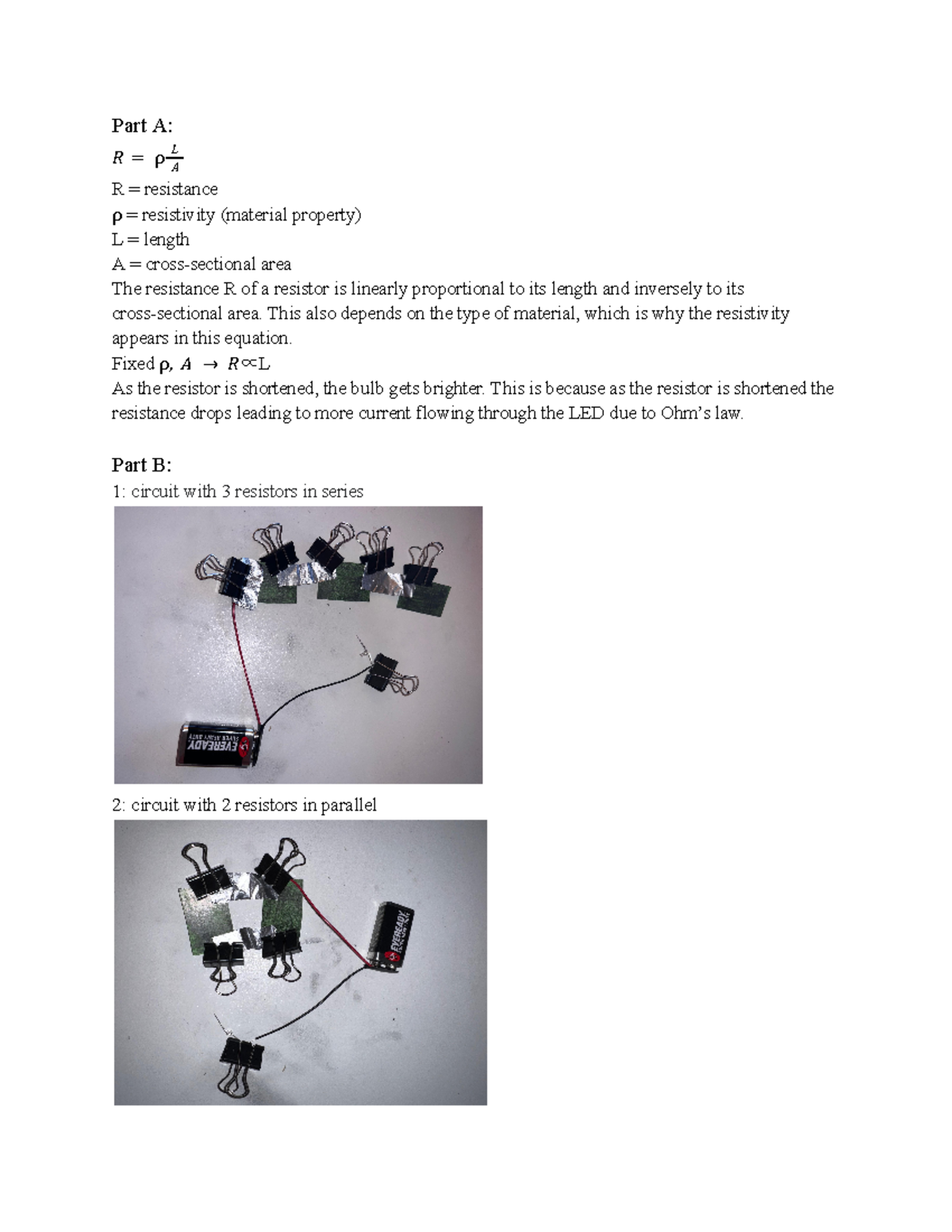 Physics Lab 5 - Electricity - Part A: 𝑅 = ρ 𝐿 𝐴 R = resistance ρ ...
