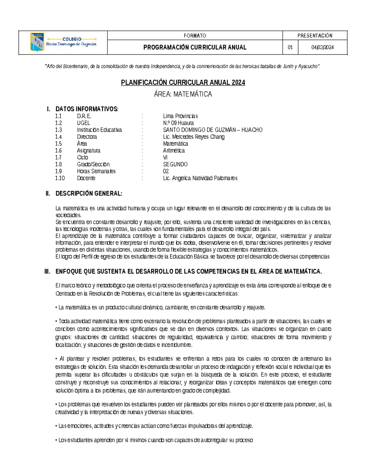 Planificador Anual 1RO SEC 2024 SDG - PROGRAMACIÓN CURRICULAR ANUAL 01 04/03/ "Año del - Studocu