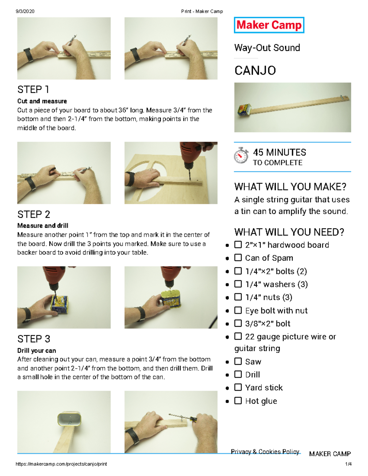 Print - Maker Camp - Way-Out Sound CANJO 45 MINUTES TO COMPLETE WHAT ...