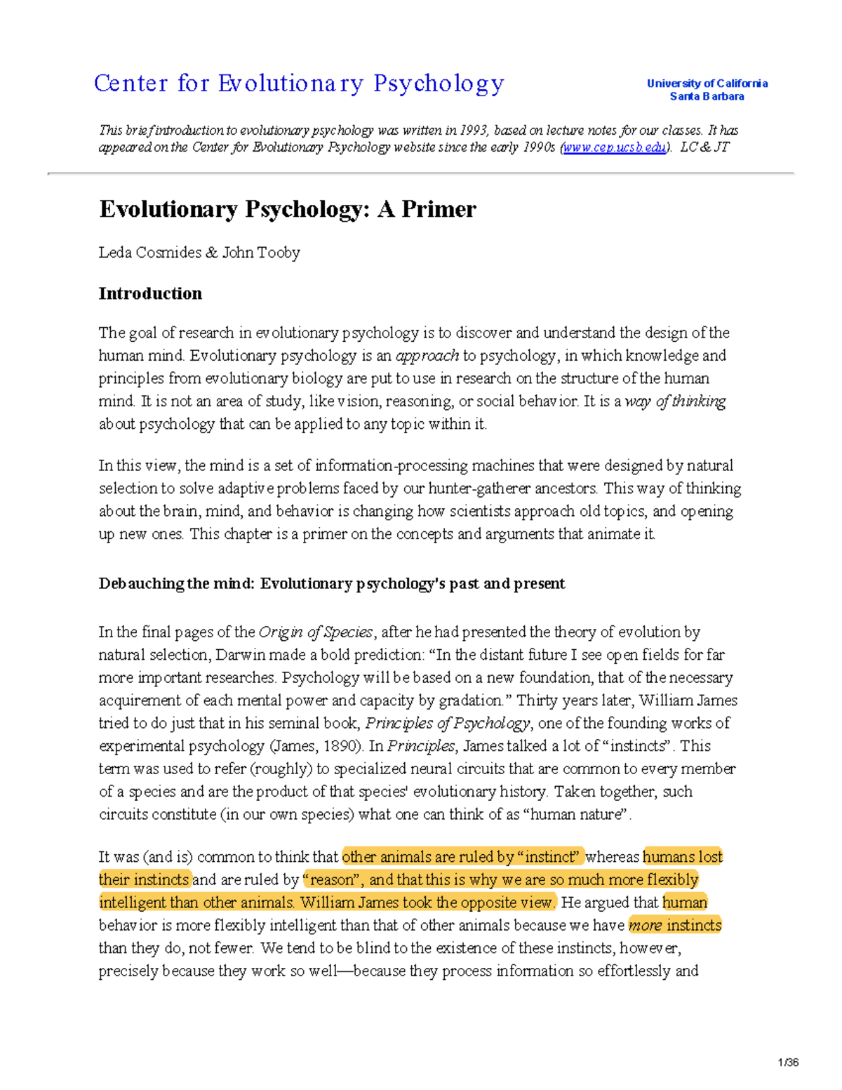 Cosmides Tooby 1997-Evolutionary Psychology Primer - This brief ...
