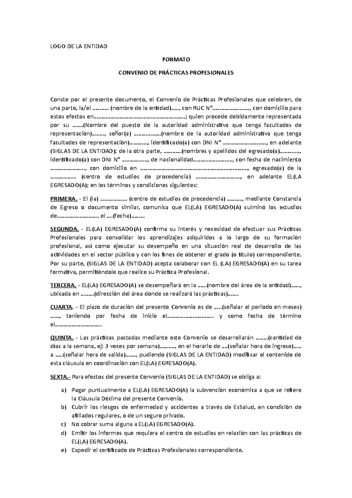 Convenio de practicas profesionales - .......... (nombre de la entidad ...