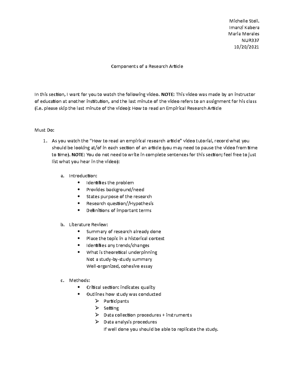 Components of a Research Article - Michelle Stell. Imanzi Kabera Maria ...