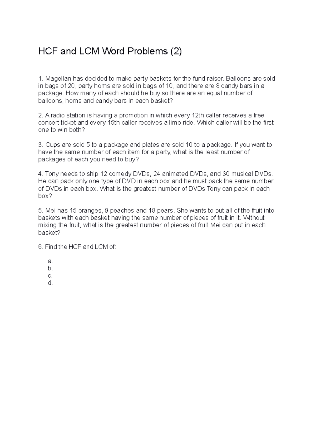 GCF and LCM Word Problems - Balloons are sold in bags of 20, party ...