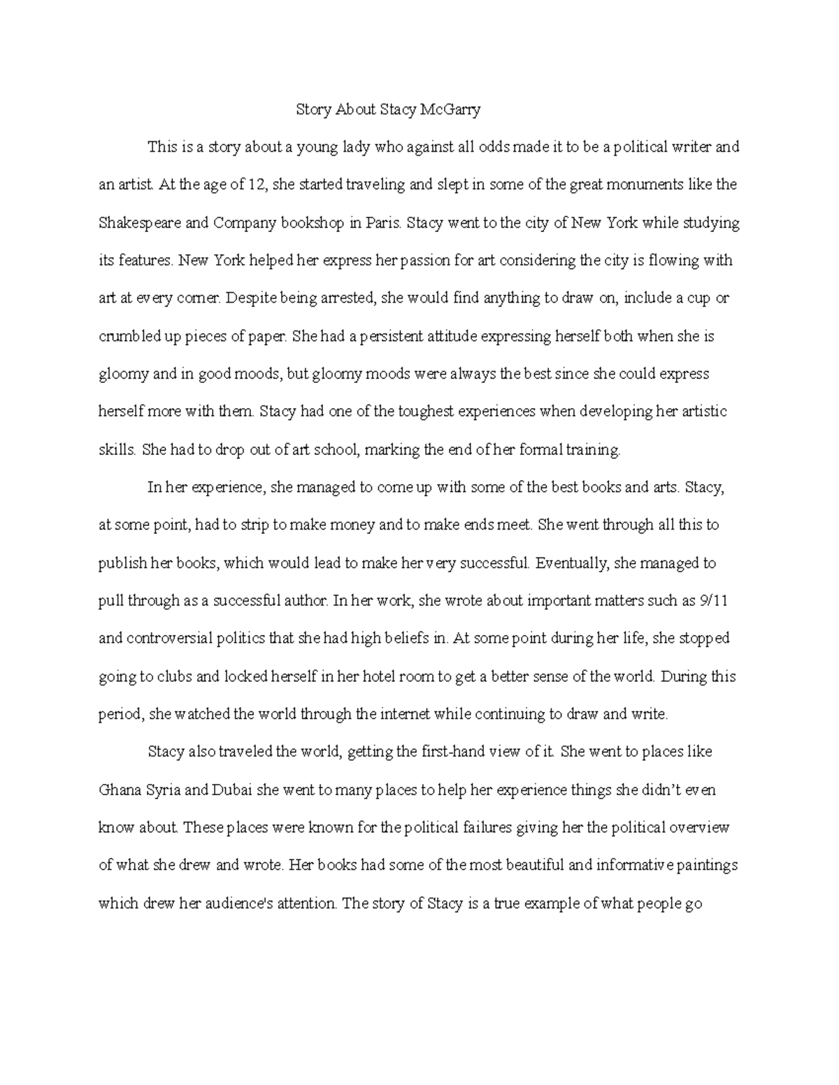 Creative due sunday - Story About Stacy McGarry This is a story about a ...