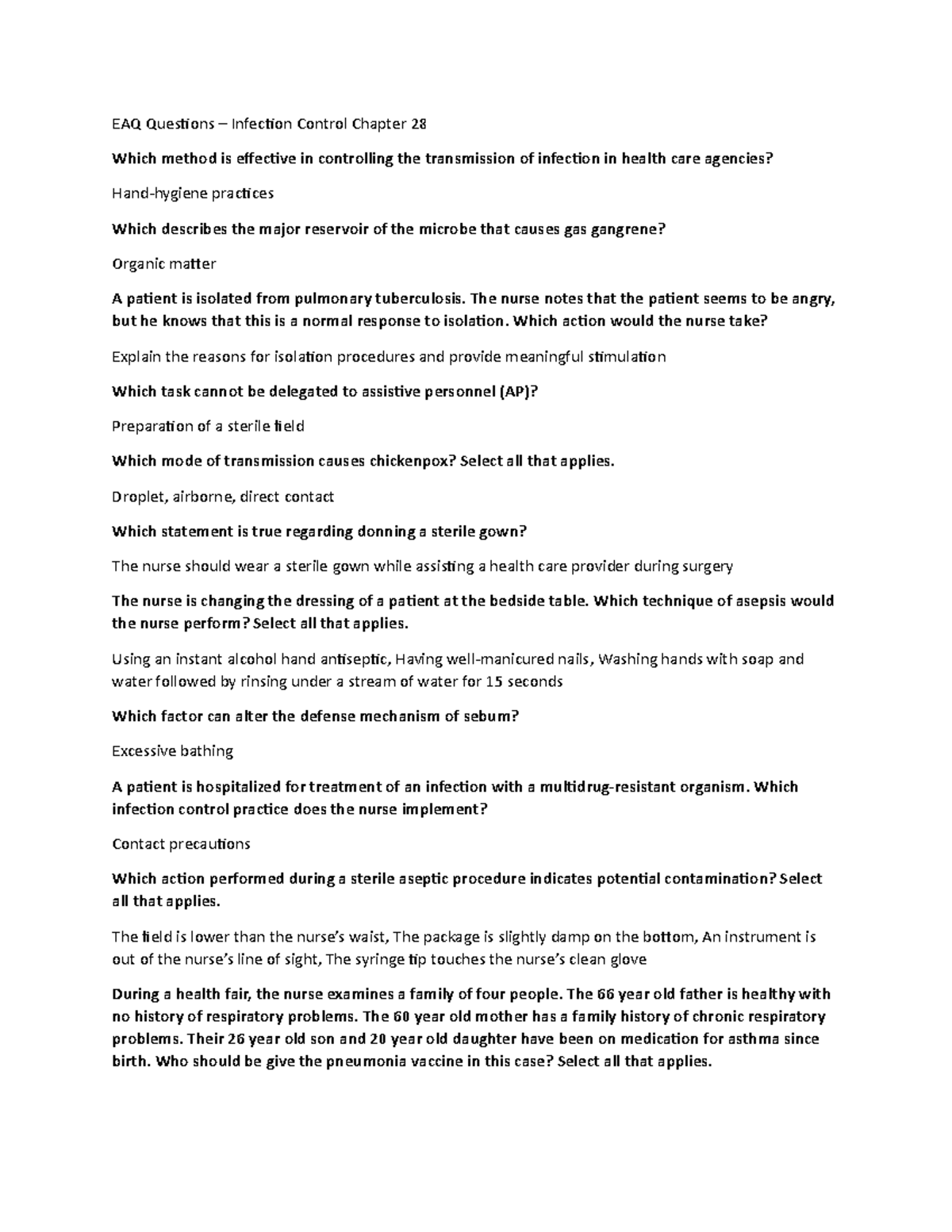 EAQ questions infection control - EAQ Questions – Infection Control ...
