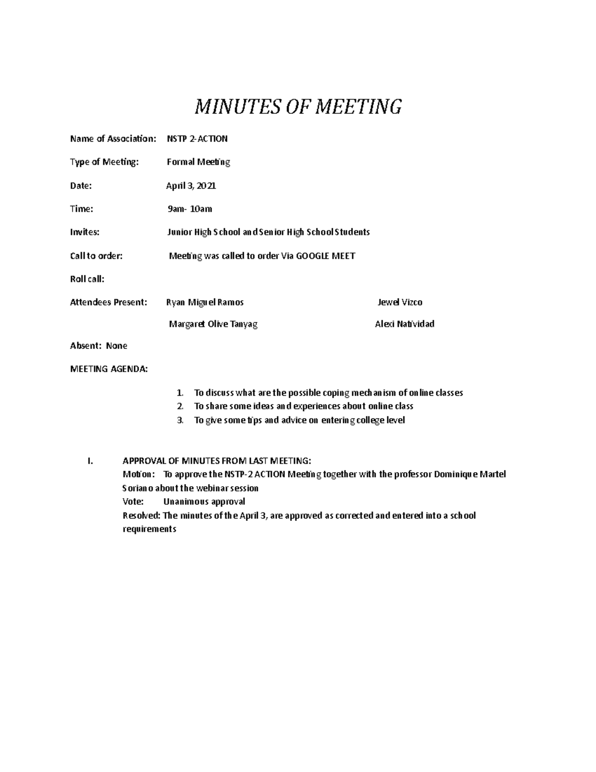 example of Minutes OF Meeting - MINUTES OF MEETING Name of Association ...