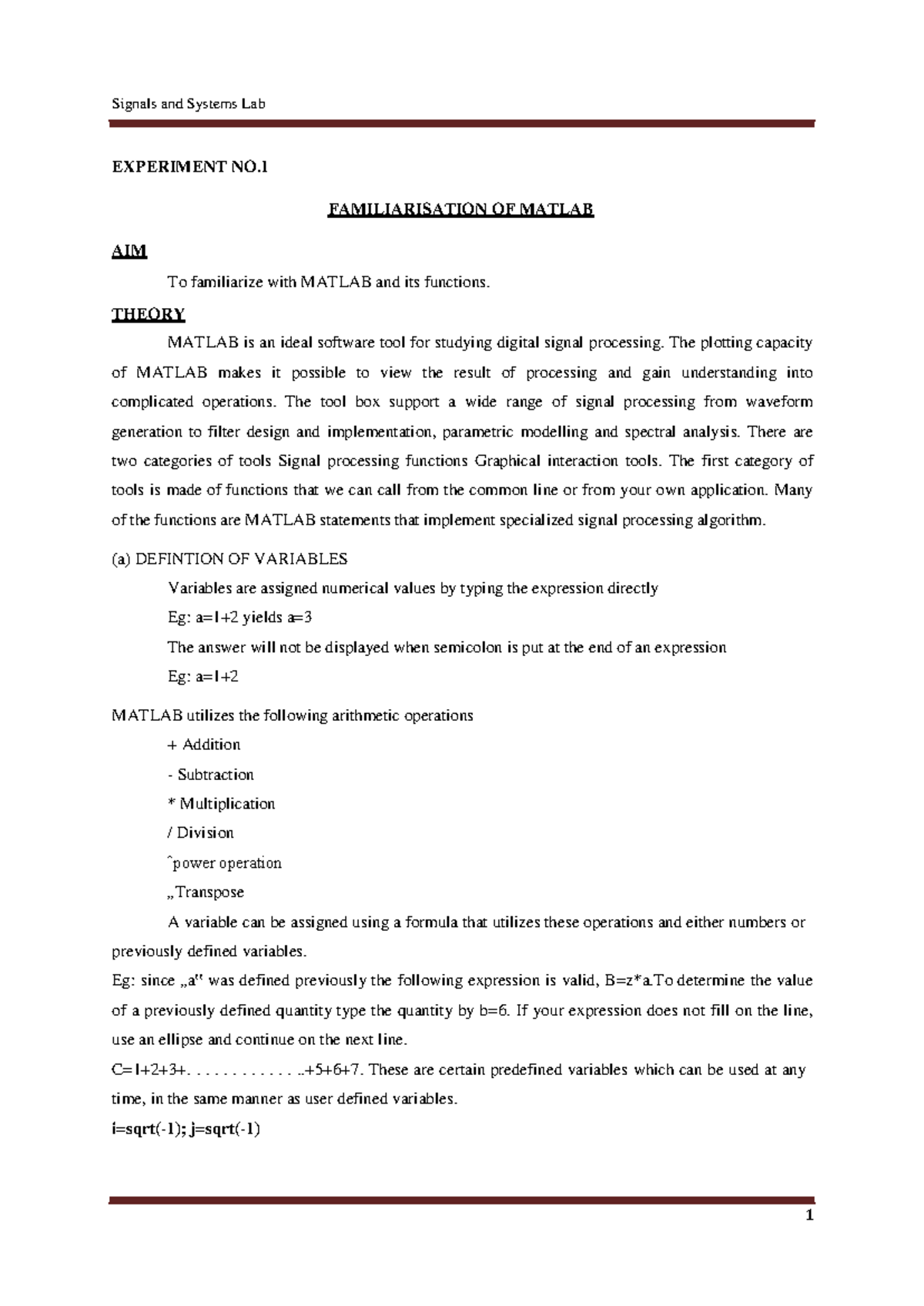 Signals and Systems lab manual - EXPERIMENT NO. FAMILIARISATION OF ...