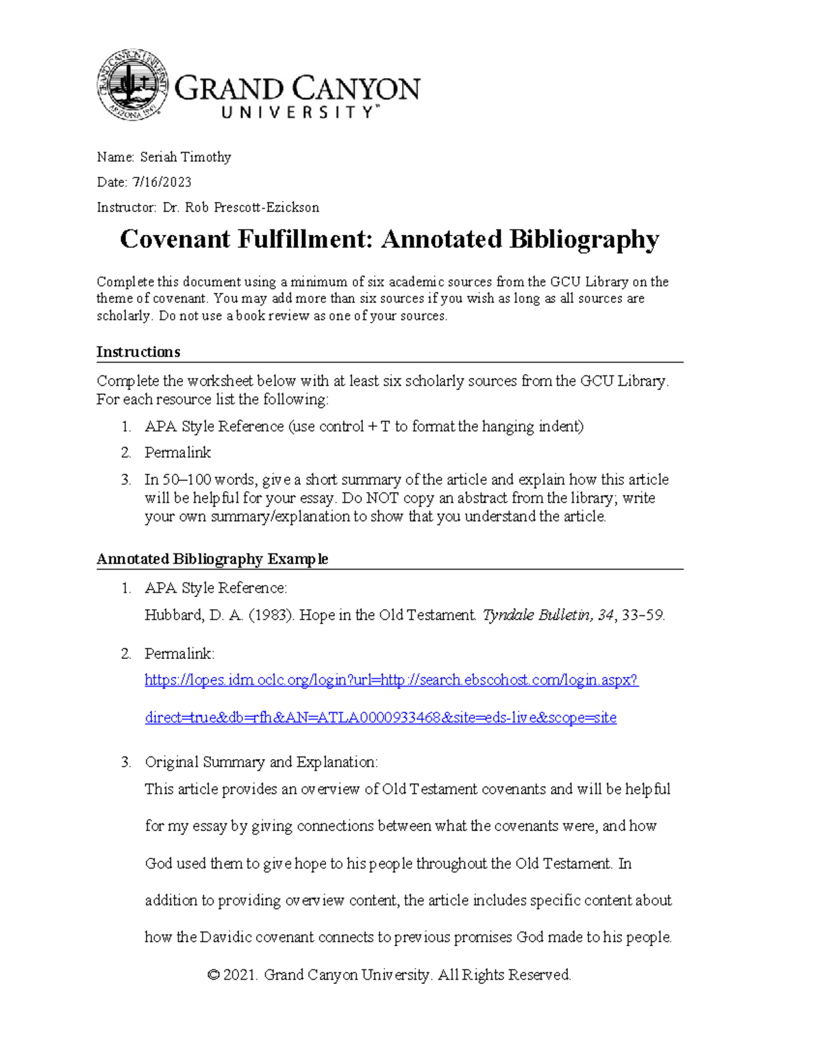 BIB-107-RS-T2Covenant Fulfillment Annotated Bibliography - Name: Seriah ...
