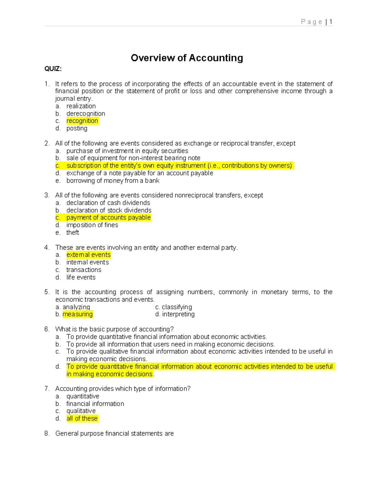 P1 Drill 1 - cfas - Overview of Accounting QUIZ: 1. It refers to the ...