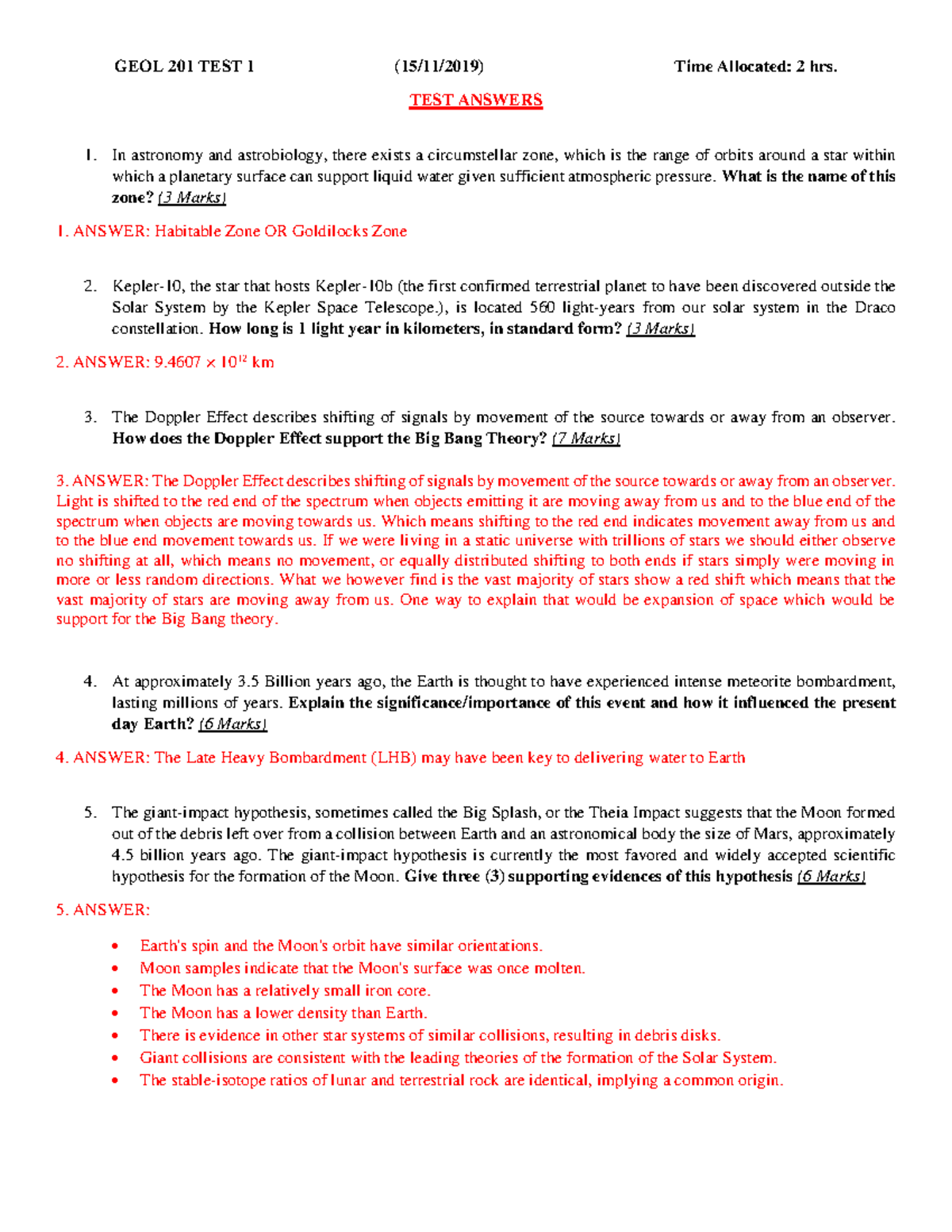 GEOL 201 TEST 1 - Answers-up1 - GEOL 201 TEST 1 (15/11/2019) Time ...