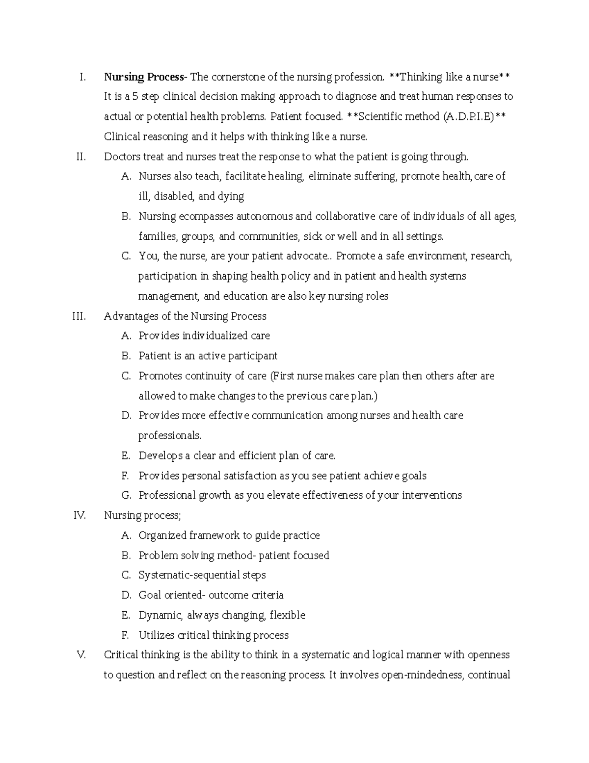 Fundamentals Nursing Process summary Notes - I. Nursing Process - The ...