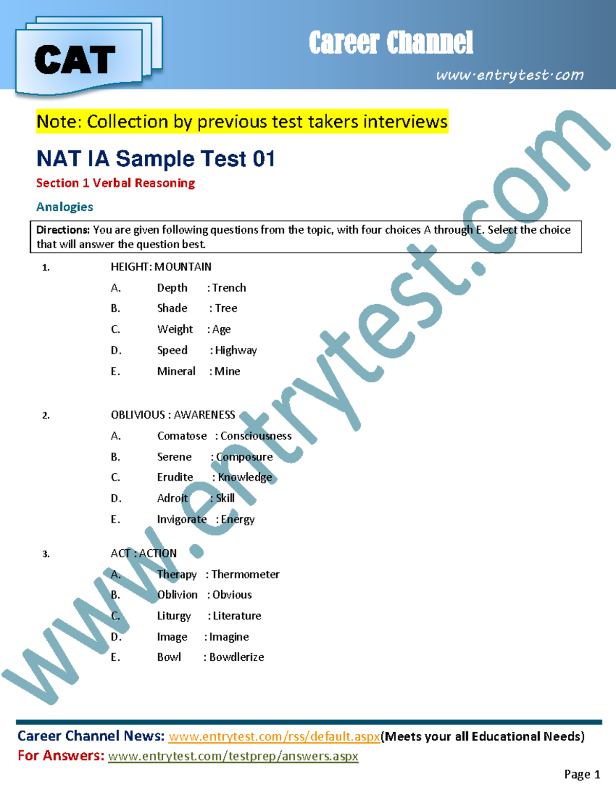 Nat-1a-sample-test-01 - CAT entrytest Career Channel News: entrytest ...