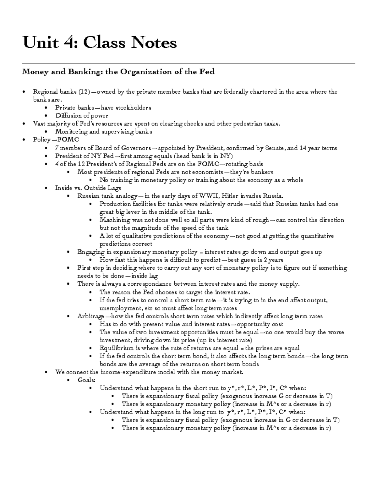 Econ Unit 4 - Unit 4: Class Notes Money and Banking: the Organization ...