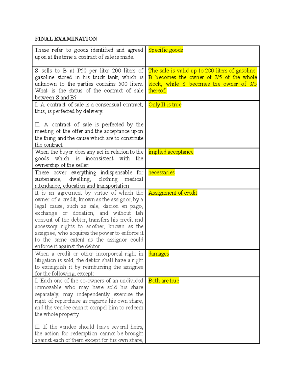 Rflib Final Examination 1 - FINAL EXAMINATION These refer to goods ...
