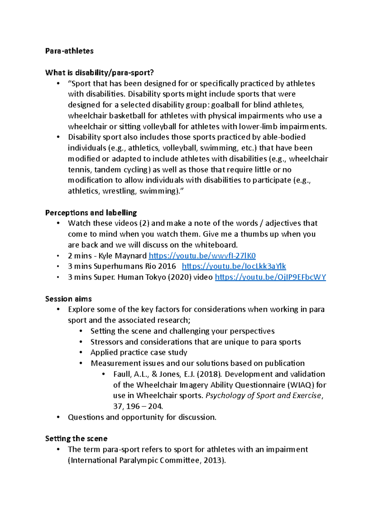 Para-athlete lecture notes - Para-athletes What is disability/para ...