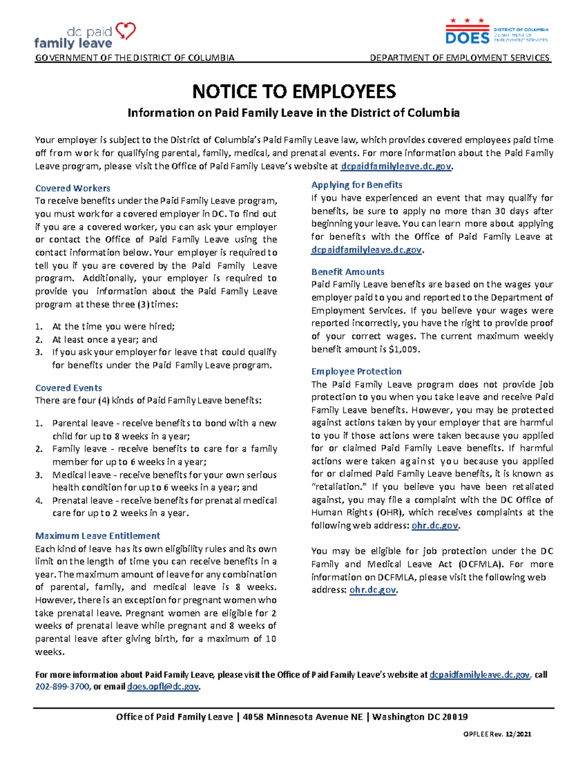 2021 OPFL Employee Worksite Notice - GOVERNMENT OF THE DISTRICT OF ...