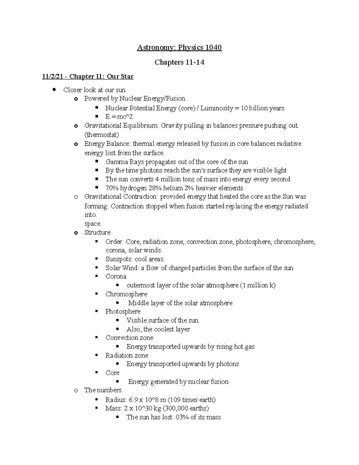 Astronomy Chapters 11-14 - Astronomy: Physics 1040 Chapters 11- 11/2/21 ...