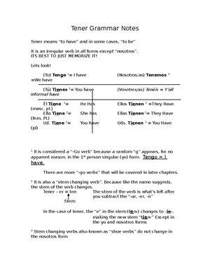 Tener translations - Spanish unite 1 lecture notes and cheat sheet for ...