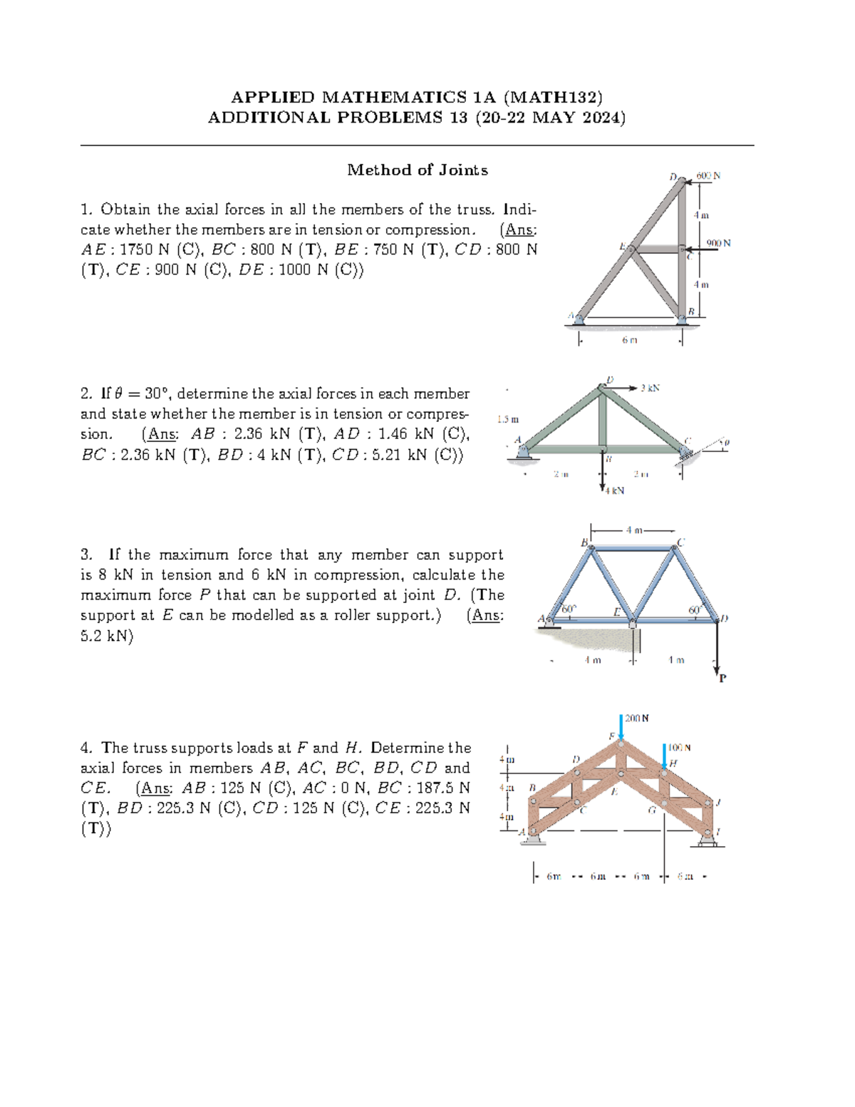 Additional Tutorial Problems 13 (2024) 1 - APPLIED MATHEMATICS 1A (MATH132) ADDITIONAL PROBLEMS ...