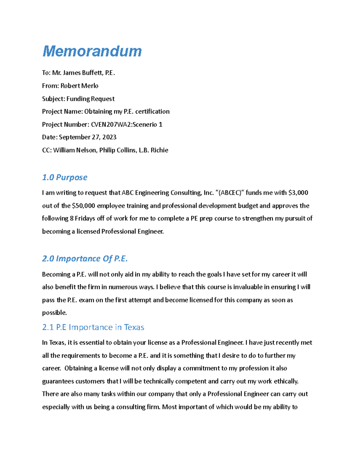 Writting Assignment 2 - Memo (Final) - Memorandum To: Mr. James Buffett ...