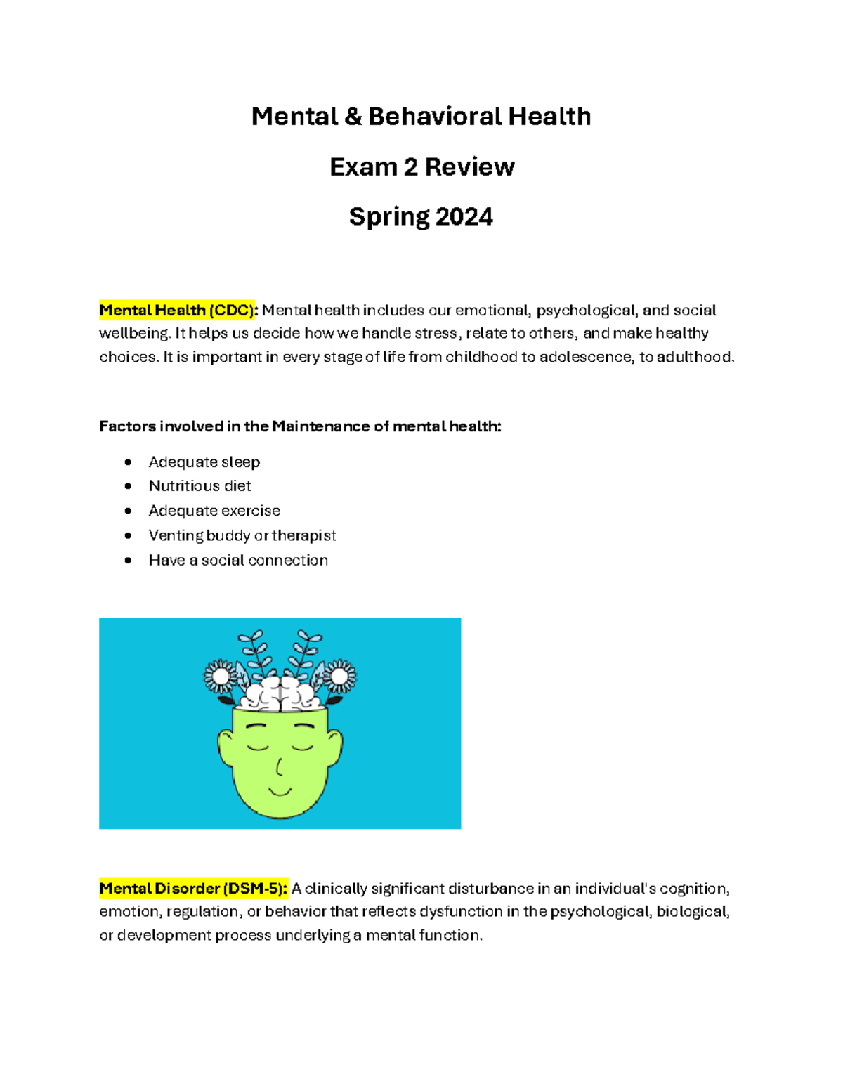 MH Exam review - Exam 2 MH - Mental & Behavioral Health Exam 2 Review ...