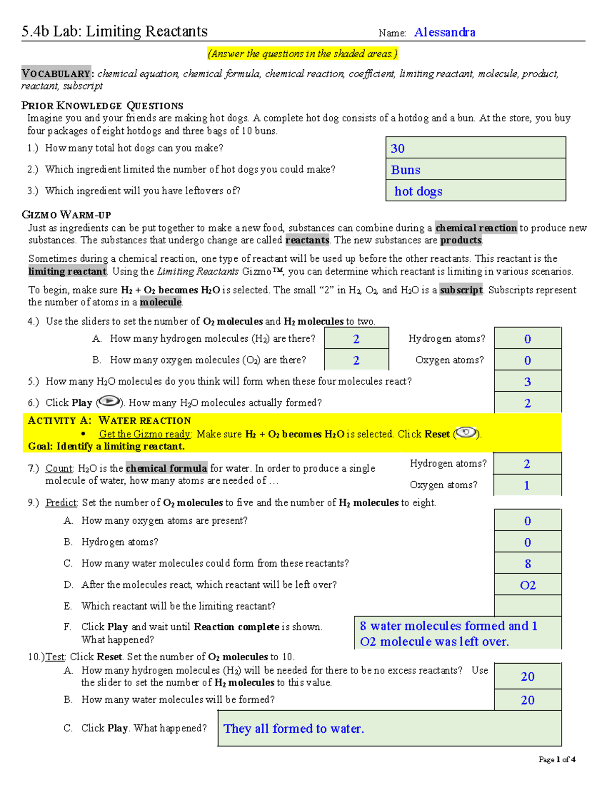 5 - Chemistry - 5 Lab: Limiting Reactants Name: Alessandra (Answer the ...
