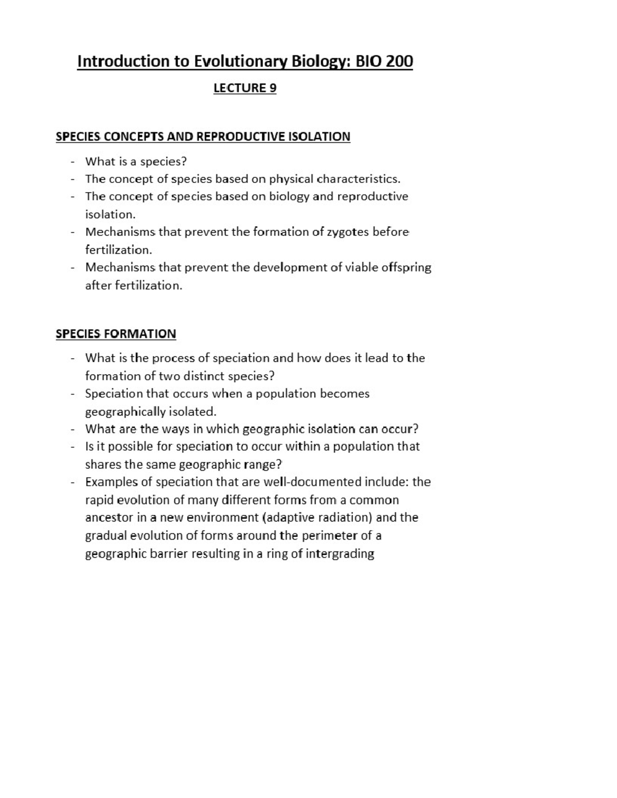 Lecture 9-Introduction to Evolutionary Biology my own notes 1st page ...