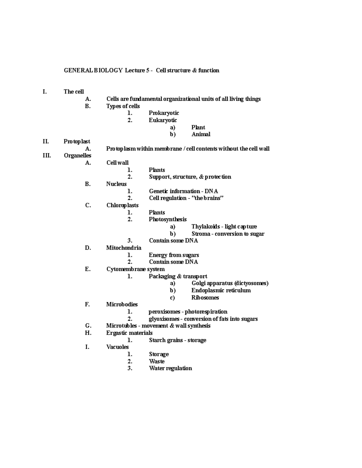 L05-Cell - lecture - GENERAL BIOLOGY Lecture 5 - Cell structure ...