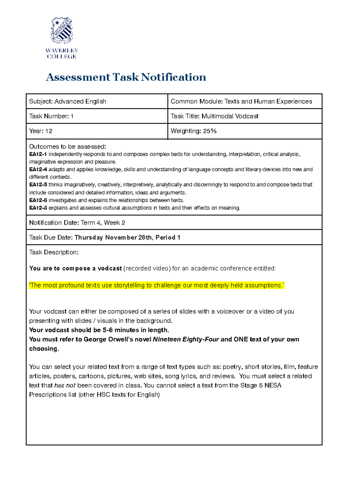 Yr 12 Advanced Notification Multimodal Task 1 2024 5 - Assessment Task ...