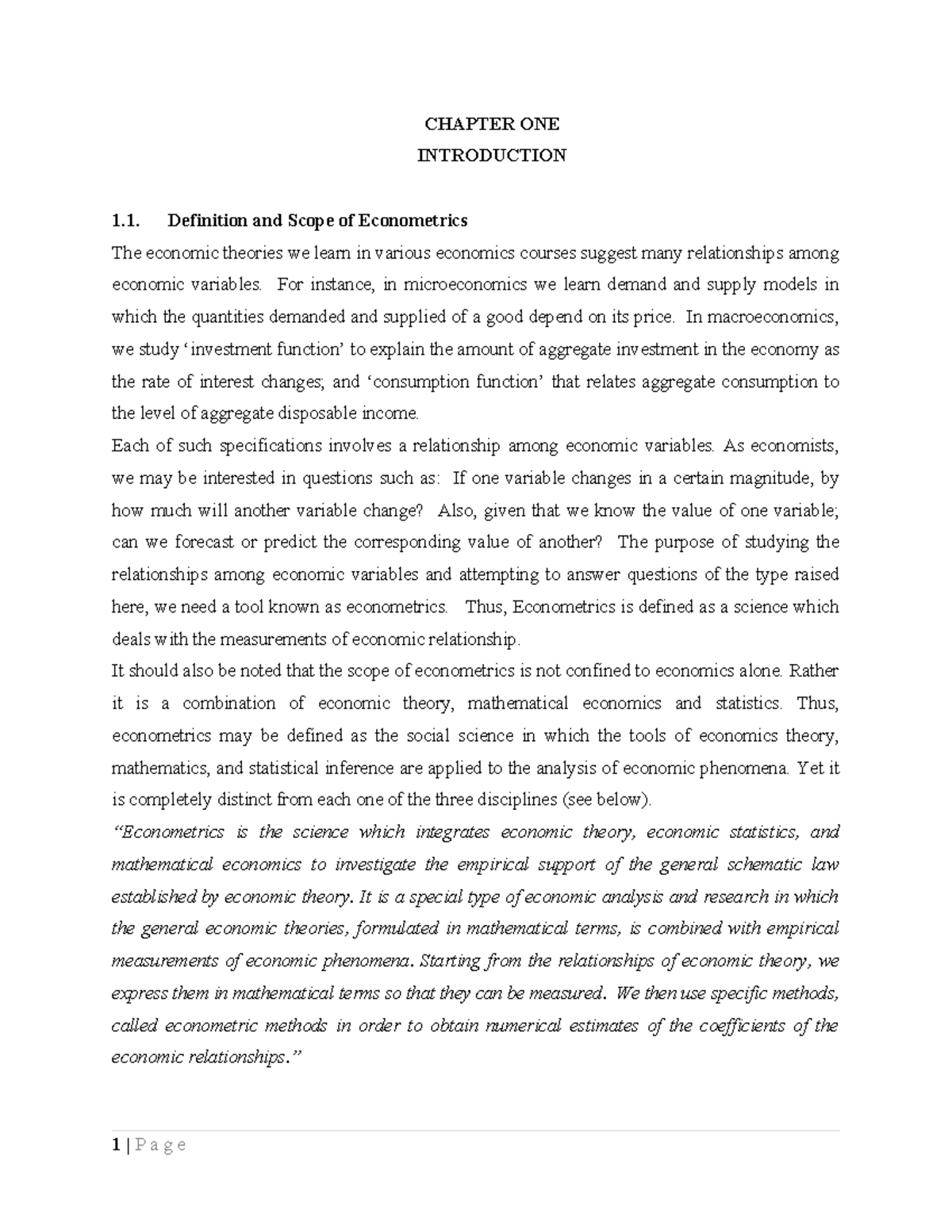 Econometrics chapter 1 - CHAPTER ONE INTRODUCTION Definition and Scope of Econometrics The ...