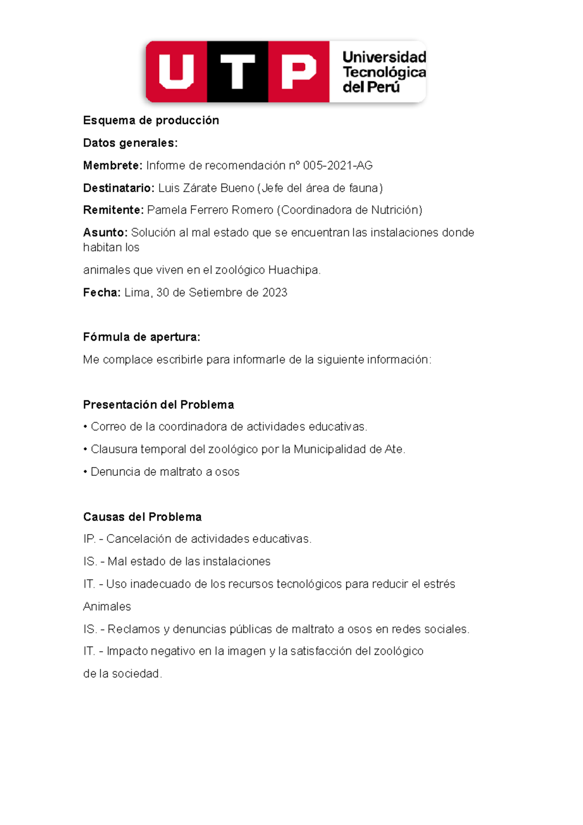 PC1 - Esquema de producción Datos generales: Membrete: Informe de recomendación n° 005-2021-AG ...