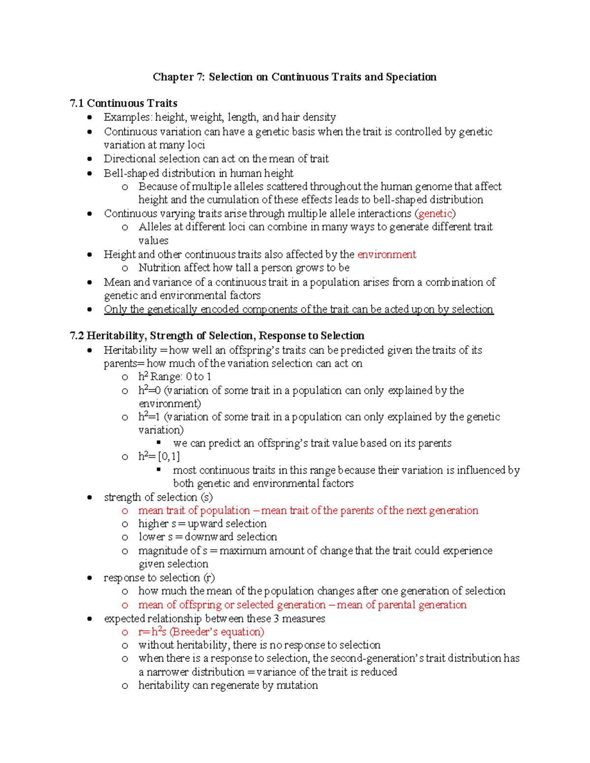 Evolution Chapter 7 Selection on Continuous Traits and Speciation (Bio 152) - Chapter 7 ...