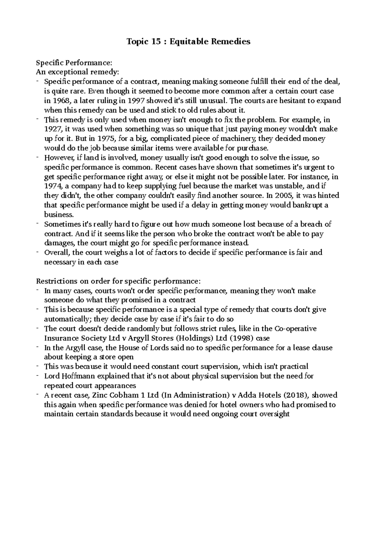 Topic 15 - equitable remedies - Topic 15 : Equitable Remedies Specific ...