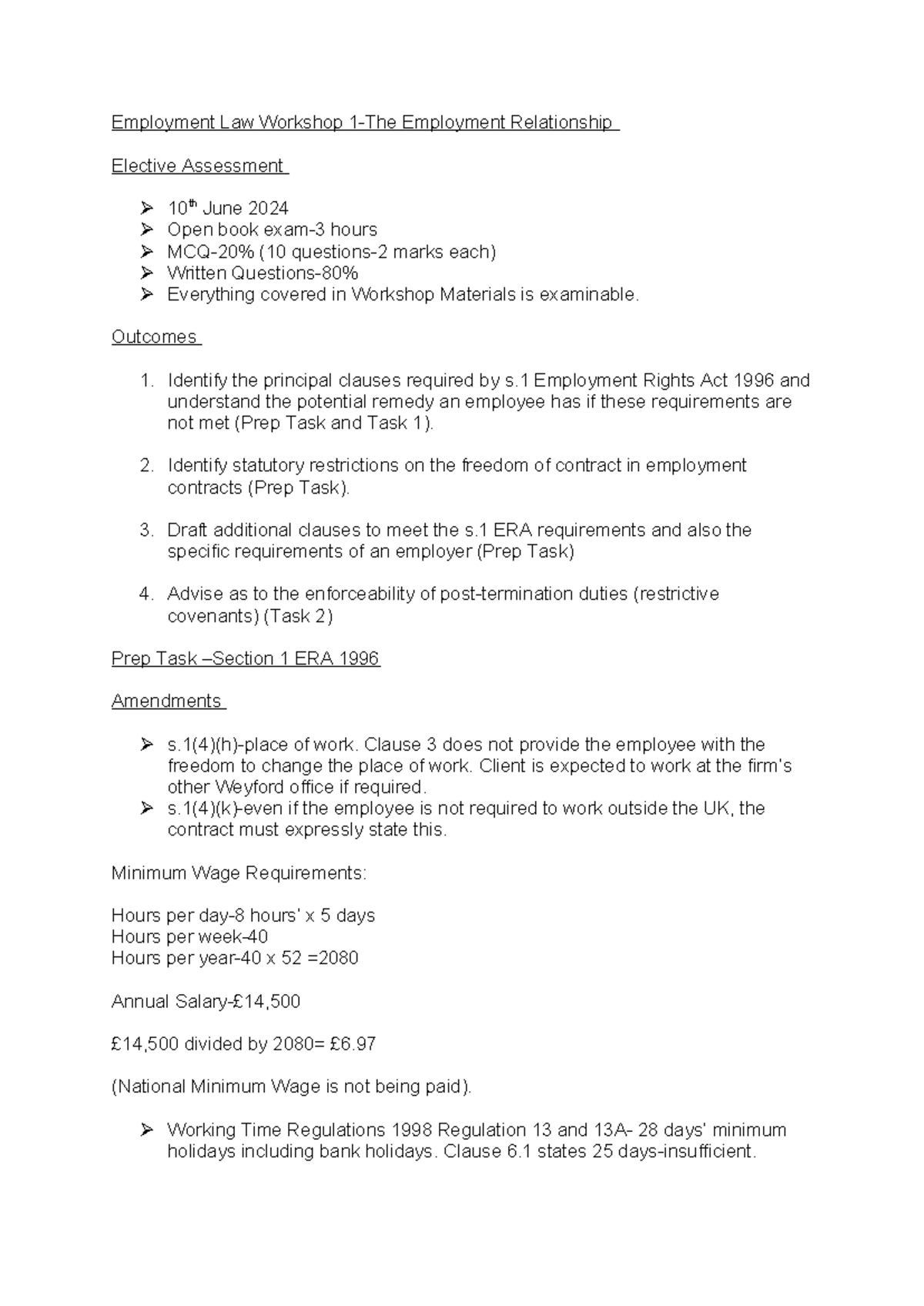 Employment Law Workshop 1 - Outcomes 1. Identify the principal clauses ...