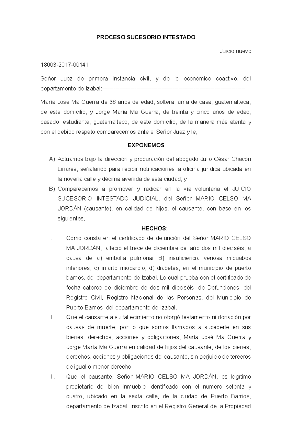 Proceso sucesorio intestado - PROCESO SUCESORIO INTESTADO Juicio nuevo ...