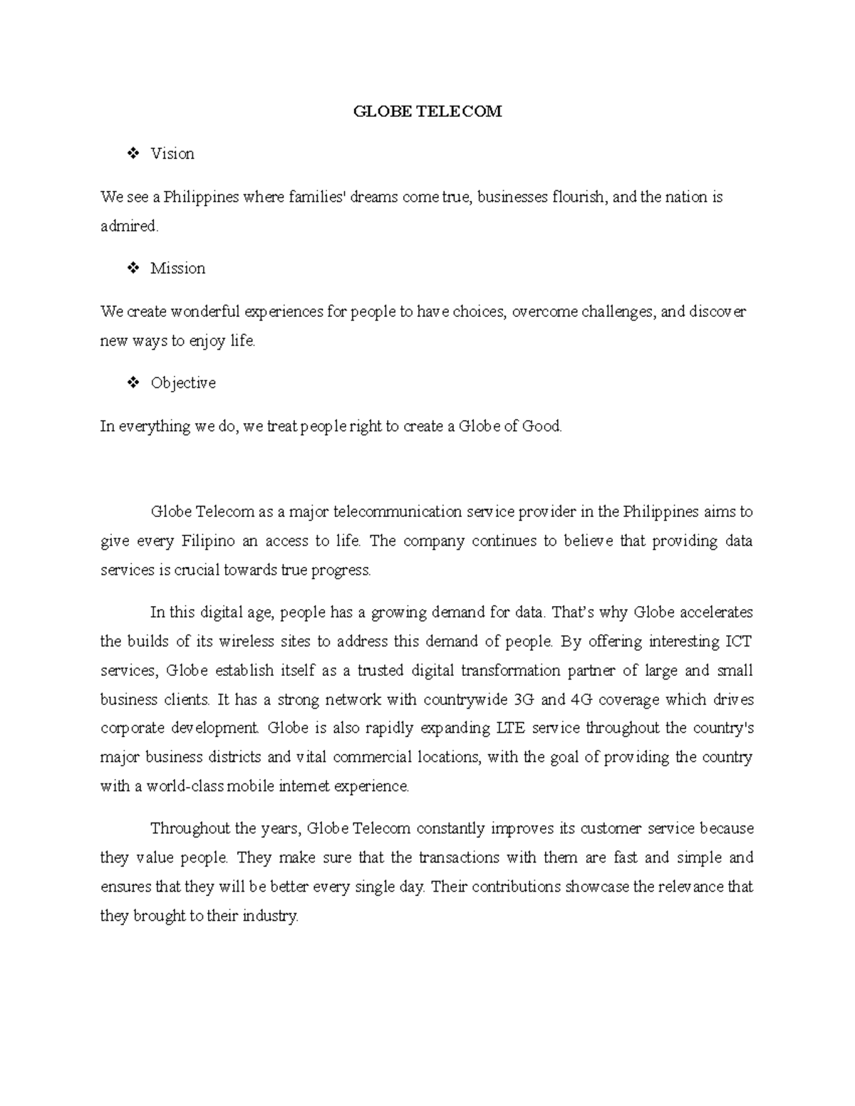 Globe Telecom Inc. - GLOBE TELECOM Vision We see a Philippines where ...