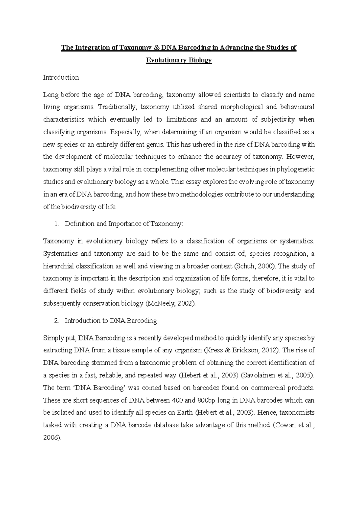 Arianna - ED Essay (DNA Barcodes) - The Integration of Taxonomy & DNA ...